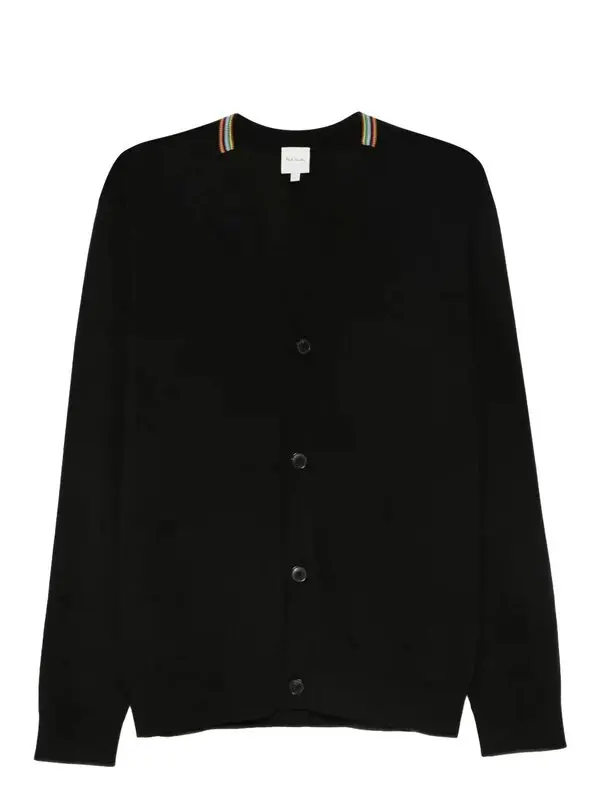 Paul Smith Merino Wool Cardigan With Rainbow Stripe Detail - Black