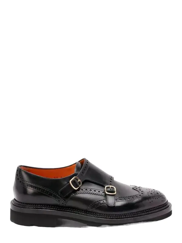 Santoni Leather Brogue Monk Shoes - Black