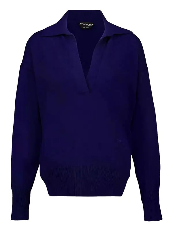 TOM FORD V-neck Knit Polo Top - Blue