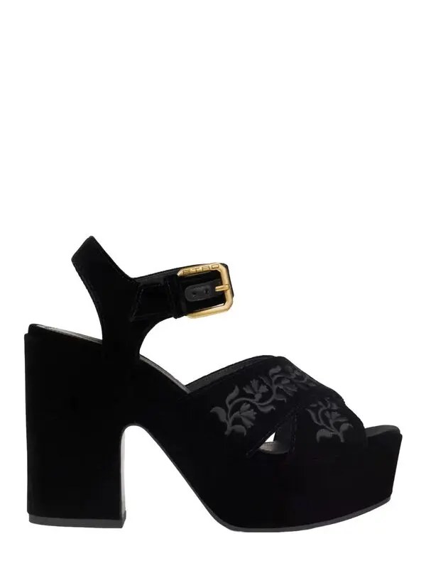 Etro Velvet Platform Sandals With Floral Embroidery - Black