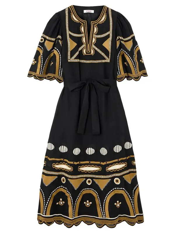 ERES Ornament Belted Embroidered Linen Midi Dress - Black