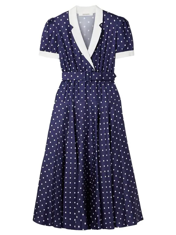 RODARTE Belted Polka-dot Silk-twill Midi Dress With Crepe De Chine Trims - Blue