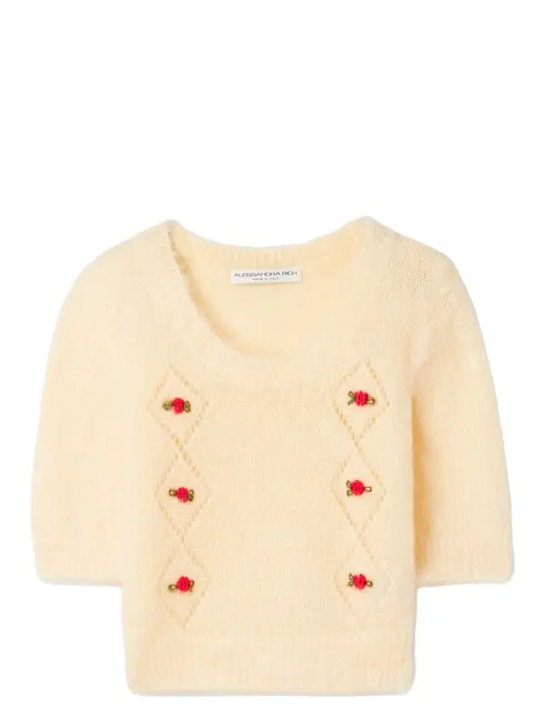 Alessandra Rich Embroidered Pointelle-knit Mohair-blend Sweater - Yellow