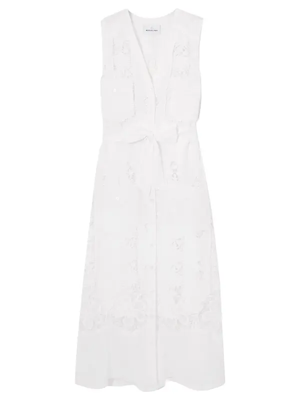 Miguelina Alexia Belted Embroidered Cotton-voile And Lace Midi Dress - White