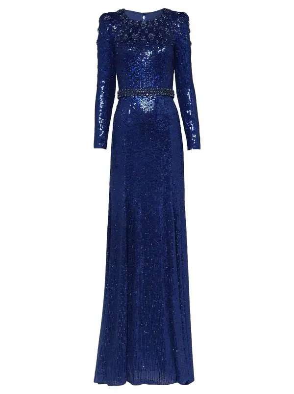 Jenny Packham Georgia Sequined Long-sleeve Gown - Light Navy