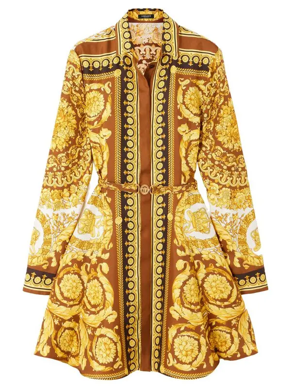 Versace Belted Printed Silk-twill Mini Dress - Yellow