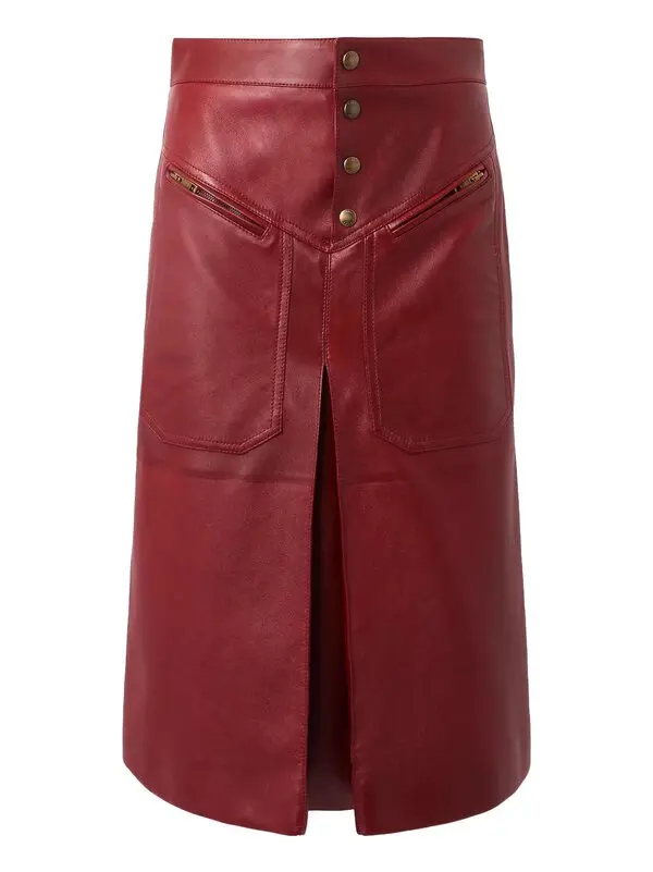 Chloé Pleated Paneled Leather Midi Skirt - Burgundy