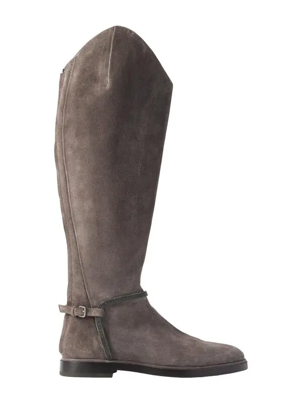 Brunello Cucinelli Buckled Bead-embellished Suede Knee Boots - Brown