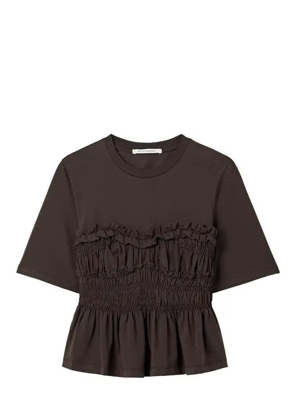 Cecilie Bahnsen Vilde Ruffled Shirred Cotton-jersey T-shirt - Brown