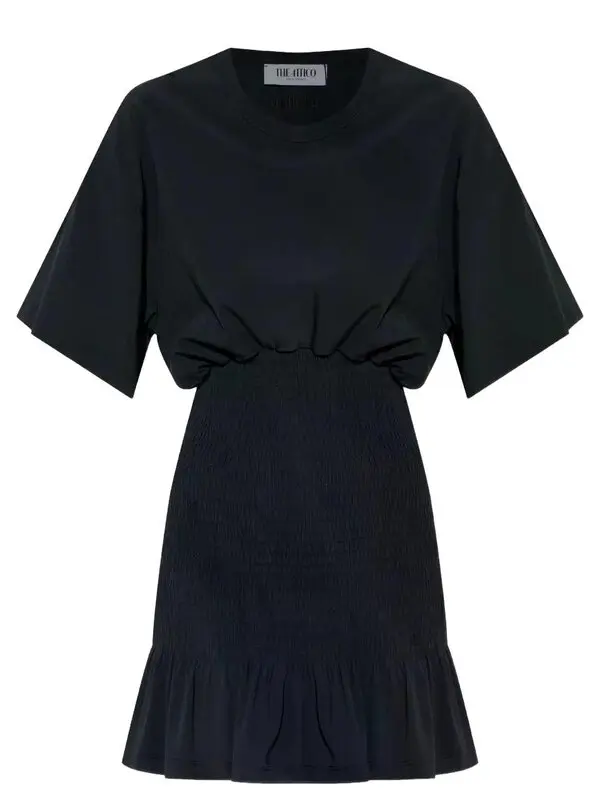 Attico Smocked Ruffled Mini Dress - Black