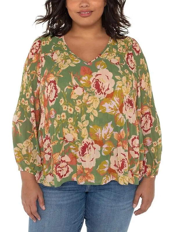 LIVERPOOL Pleated Top - Green Multi Floral
