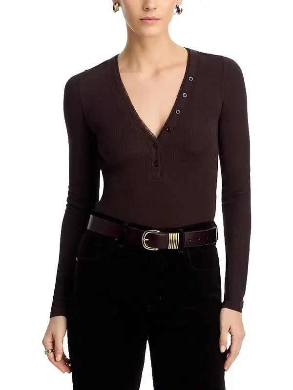 FRAME Mesh Trim Rib Henley - Coffee