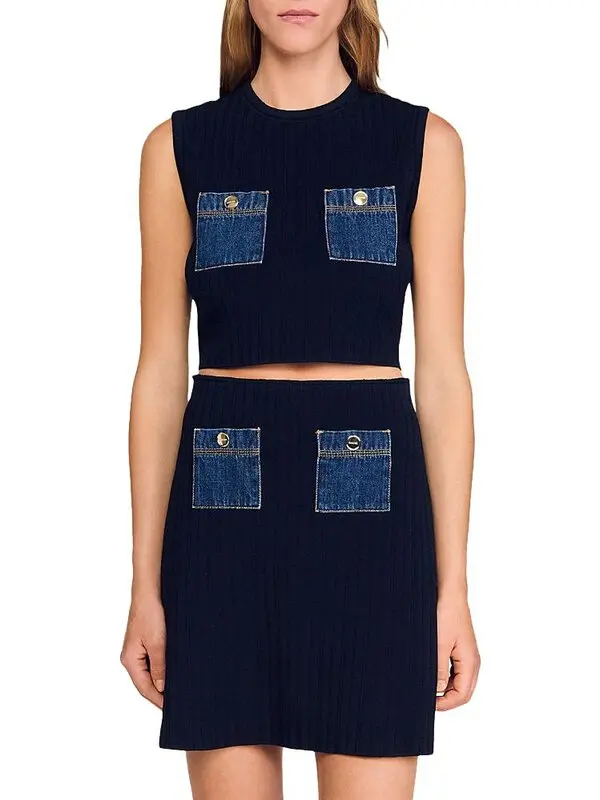 Sandro Knit And Denim Top - Navy Blue