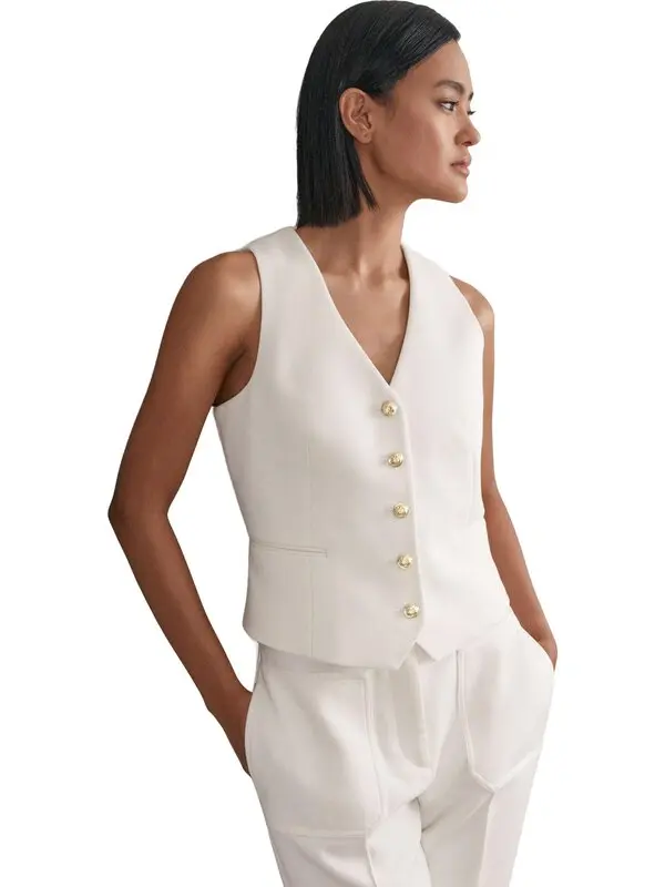 REISS Lily Single-breasted Twill Waistcoat - White