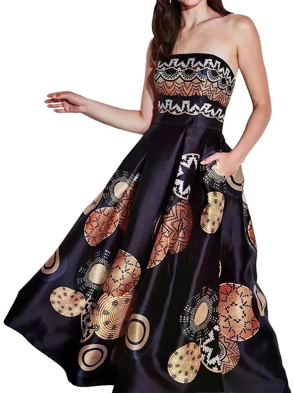 ALLURE Strapless Printed Midi Dress - Black