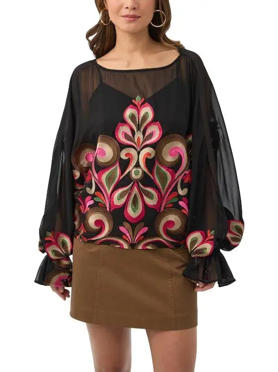 Trina Turk Embroidered Boat Neck Top - Multi