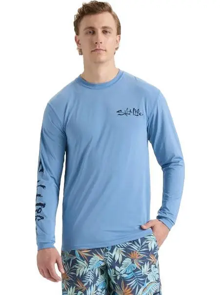 SALT LIFE Sailfish ‘n Bones Long Sleeve Performance Tee - Harbor Blue Heather
