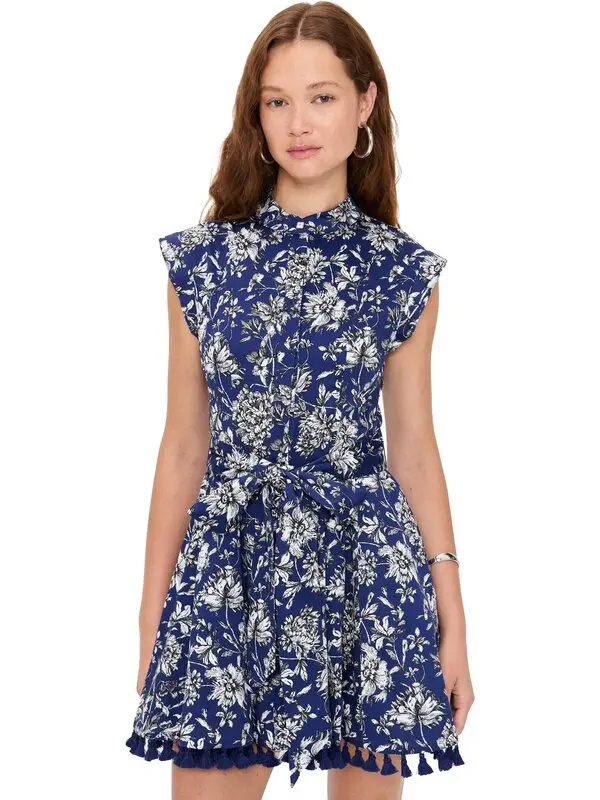 Alice + Olivia Lucy Cuffed Cap-sleeve Mini Shirt Dress - Blooming Wild Indigo