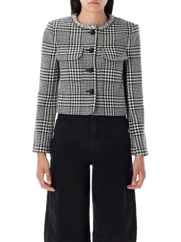 SELF-PORTRAIT Houndstooth Jacket With Crystal Trim - Black
