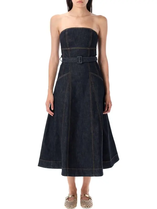 SELF-PORTRAIT Denim Bandeau Midi Dress - Blue