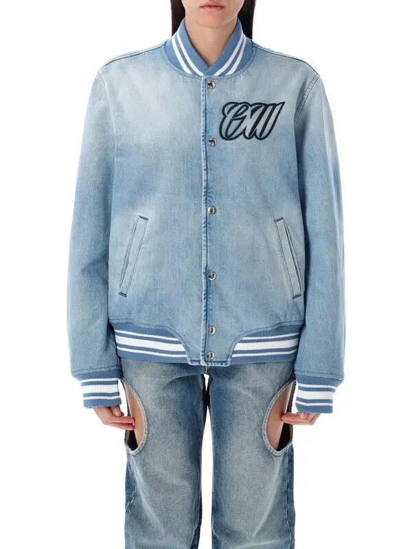 Off White Cotton Denim Varsity Jacket - Blue