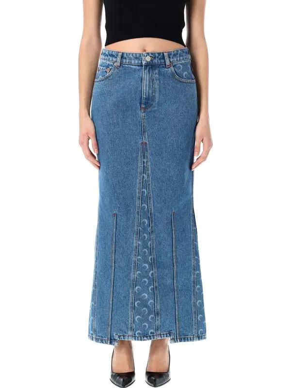 MARINE SERRE Moon Laser Denim Long Skirt - Blue