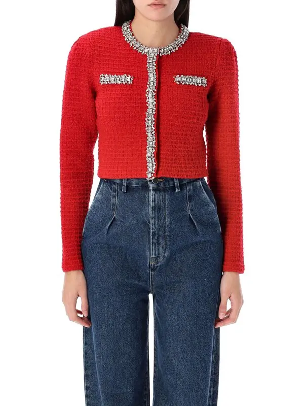SELF-PORTRAIT Textured Waffle Knit Cardigan - Red