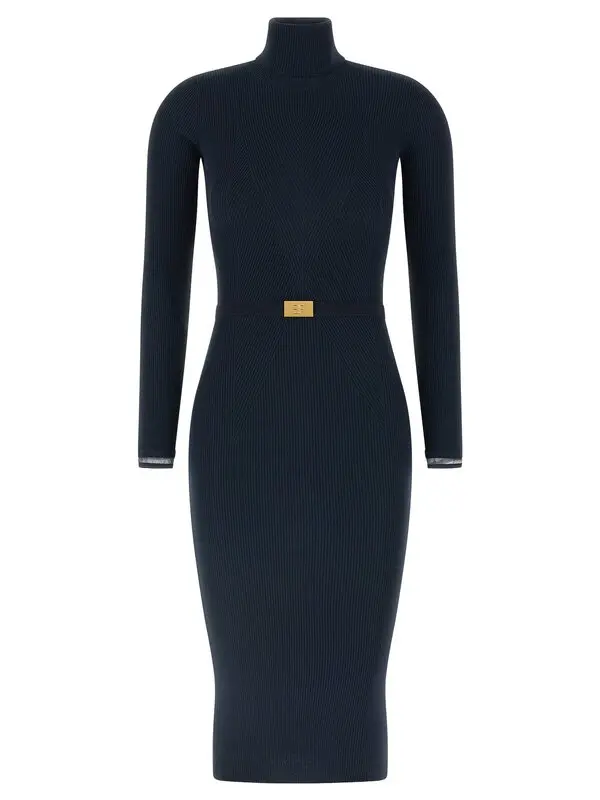 Elisabetta Franchi Logo Belt Ribbed Knit Dress - Blue