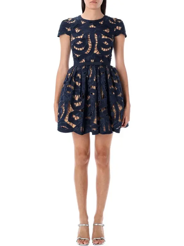 SELF-PORTRAIT Cotton Bow Embroidered Mini Dress - Blue