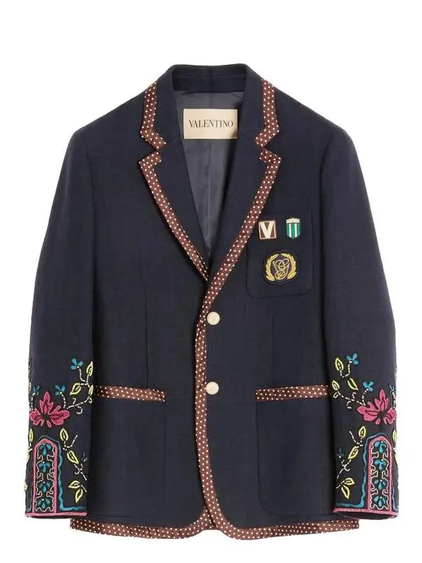 Valentino Garavani Single-breasted Linen Jacket With Beaded Embroidery - Blue