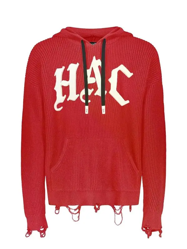 HACULLA. Hooded Distressed Appliqué Wool Sweater - Red