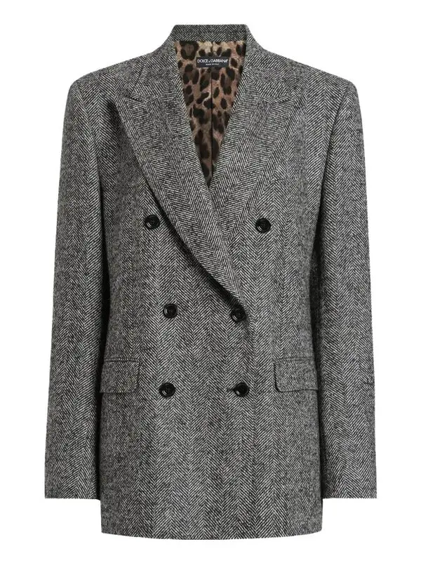 Dolce & Gabbana Double-breasted Herringbone Jacket With Animal Print Lining - Black
