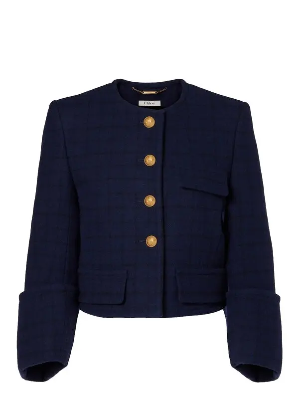 Chloé Checked Cropped Wool-blend Jacket - Blue