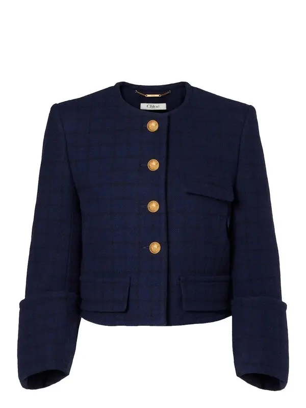 Chloé Checked Cropped Wool-blend Jacket - Blue