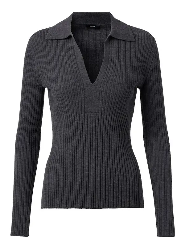JOSEPH Ribbed-knit Wool Polo Shirt - Grey