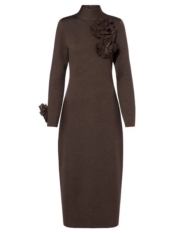 Oscar De La Renta Floral-appliqué Wool-blend Midi Dress - Brown
