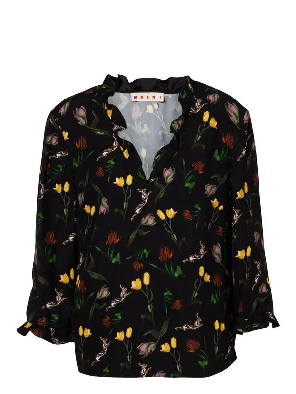 Marni Floral Ruffled Top - Black