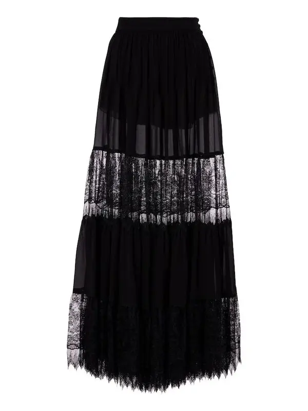 Chloé Lace-trimmed Tiered Silk Maxi Skirt - Black