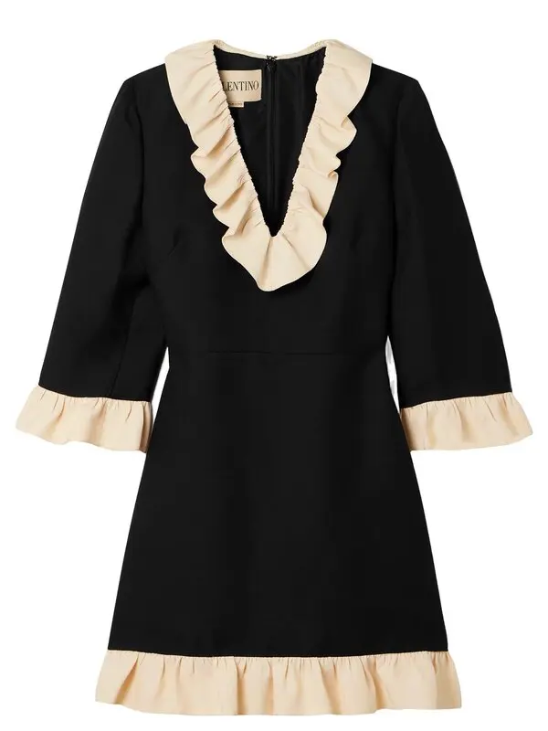 Valentino Garavani Ruffled Wool And Silk-blend Crepe Mini Dress - Black