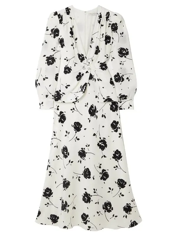 Alessandra Rich Embellished Pleated Floral-print Silk Crepe De Chine Midi Dress - White
