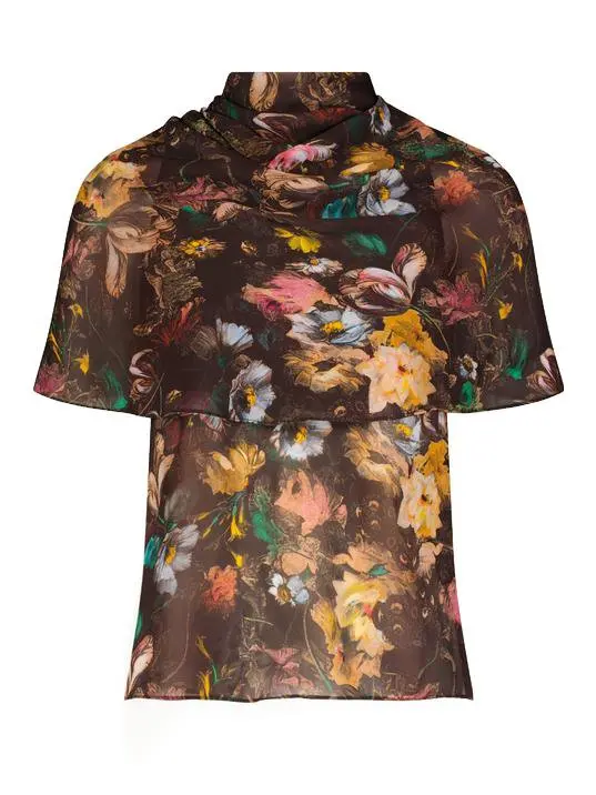 Lela Rose Floral Chiffon Cowl Neck Blouse - Brown