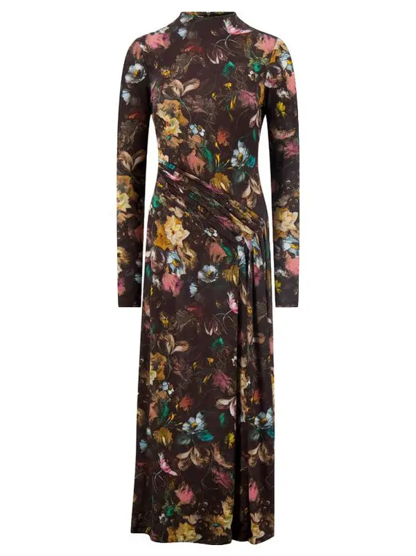 Lela Rose Floral Printed Jersey Long Sleeve Draped Front Dress - Brown