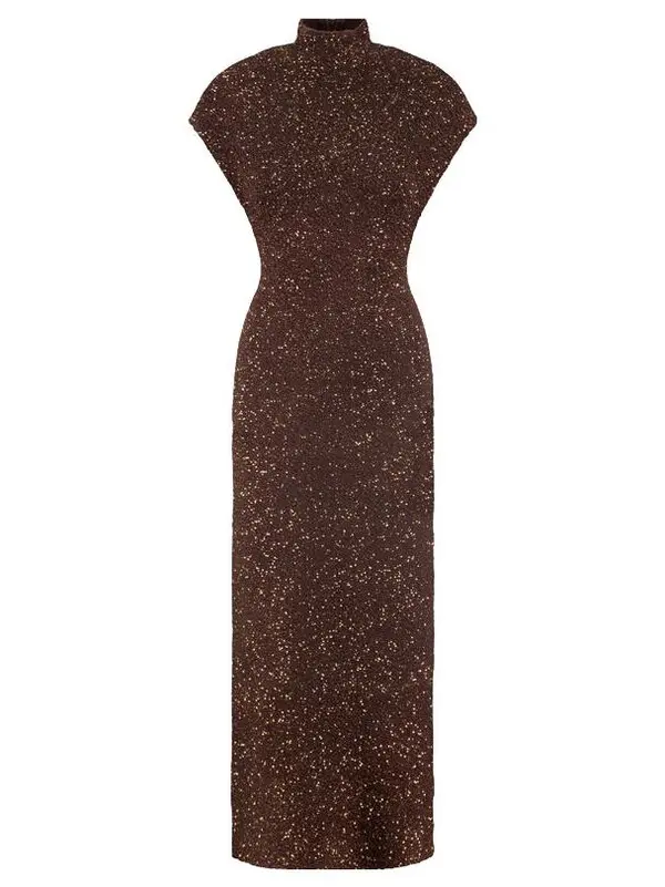 Lela Rose Sequin Knit Mock Neck Dress - Brown