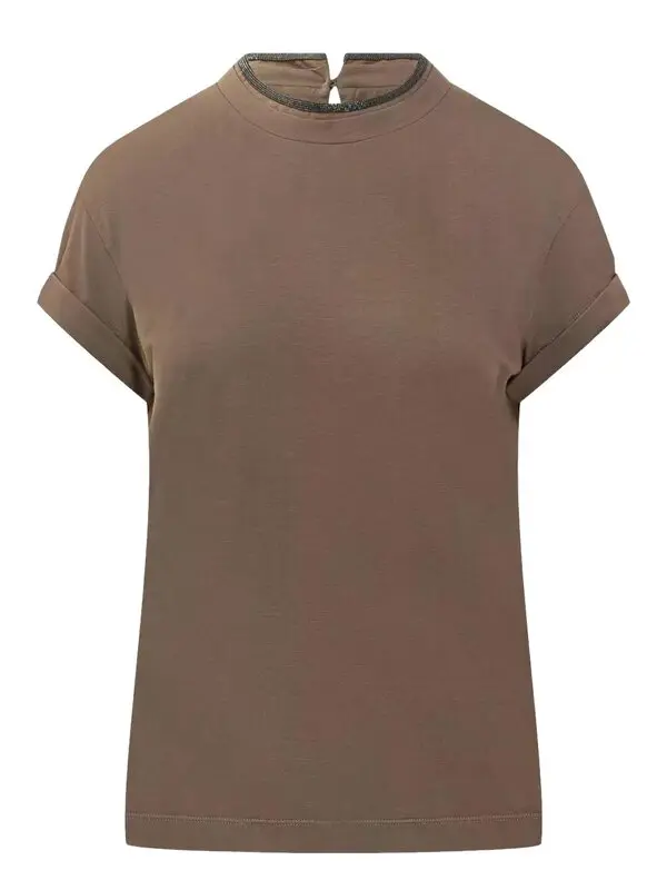 Brunello Cucinelli Embellished-neckline T-shirt - Brown