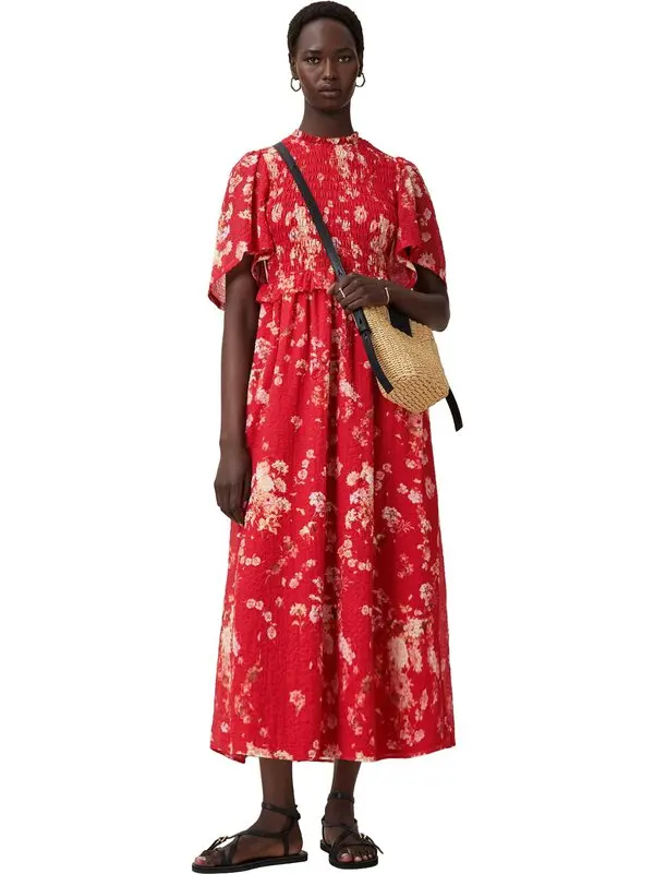 ALLSAINTS Mya Floral Shirred Midi Dress - Red