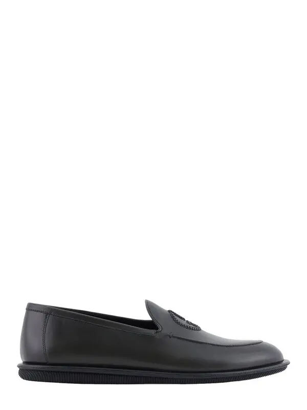 Giorgio Armani Leather Monogram Slipper Loafers - Solid Black