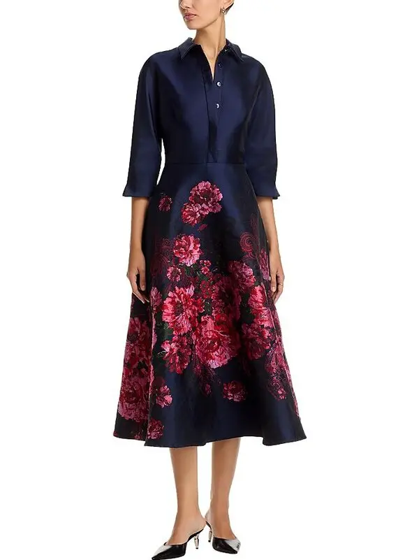 Rickie Freeman For Teri Jon Jacquard Floral Shirt Dress - Navy Multi