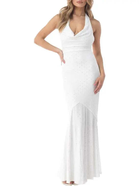 SKY Rhinestone Open Back Halter Gown - White