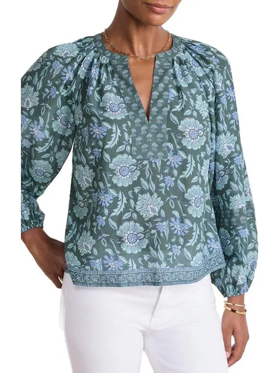 Vineyard Vines Printed Split Neck Popover Top - Edie Floral Balsam