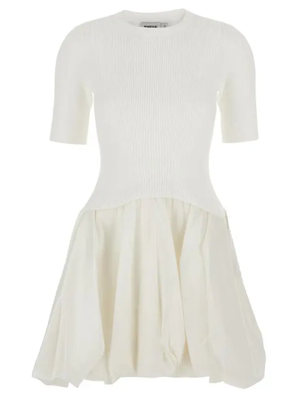 Simkhai Kenny Crewneck Mini Dress With Puffed Skirt - White